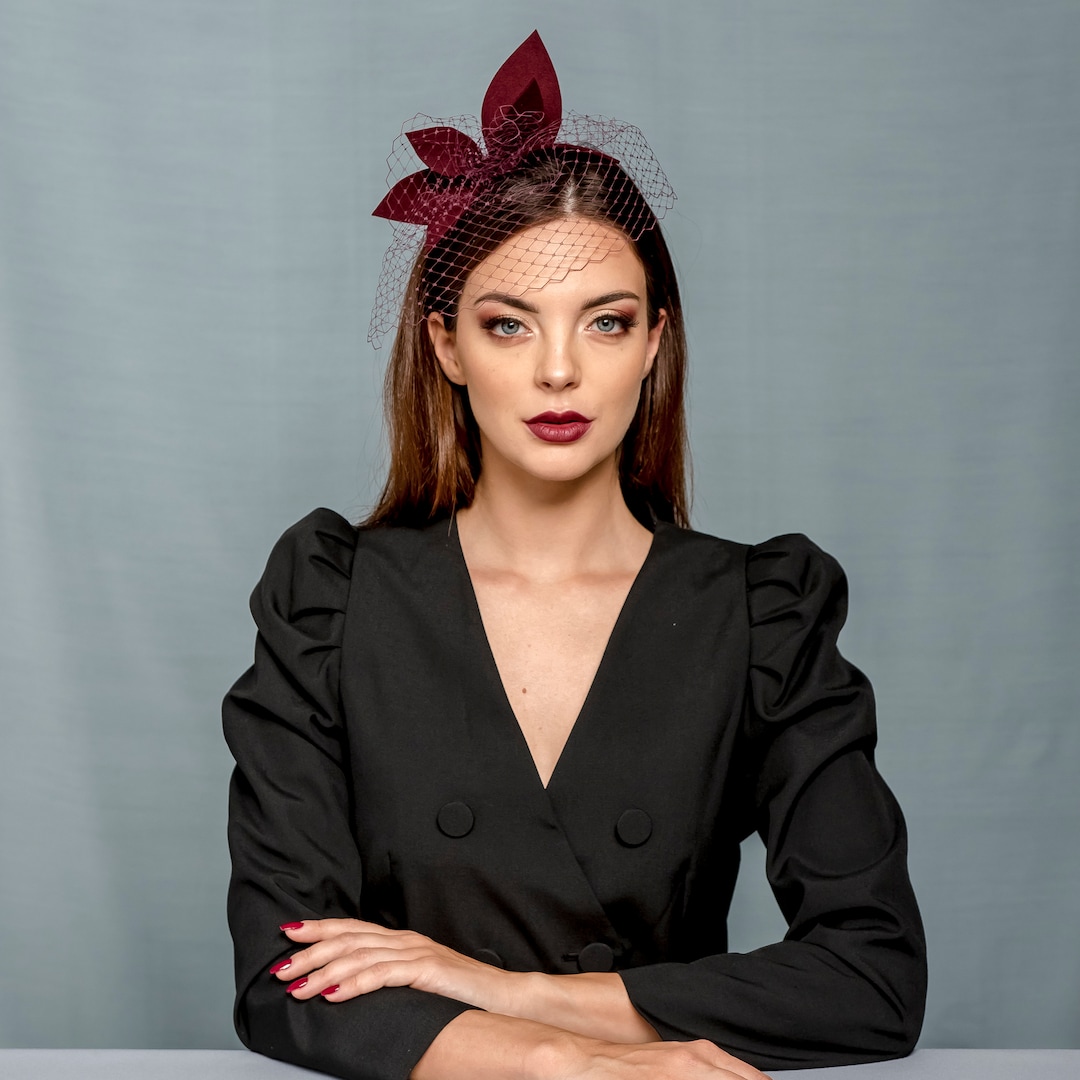 Modern Burgundy Wool Felt Headpiece With Veil, Chic Claret Fascinator ...