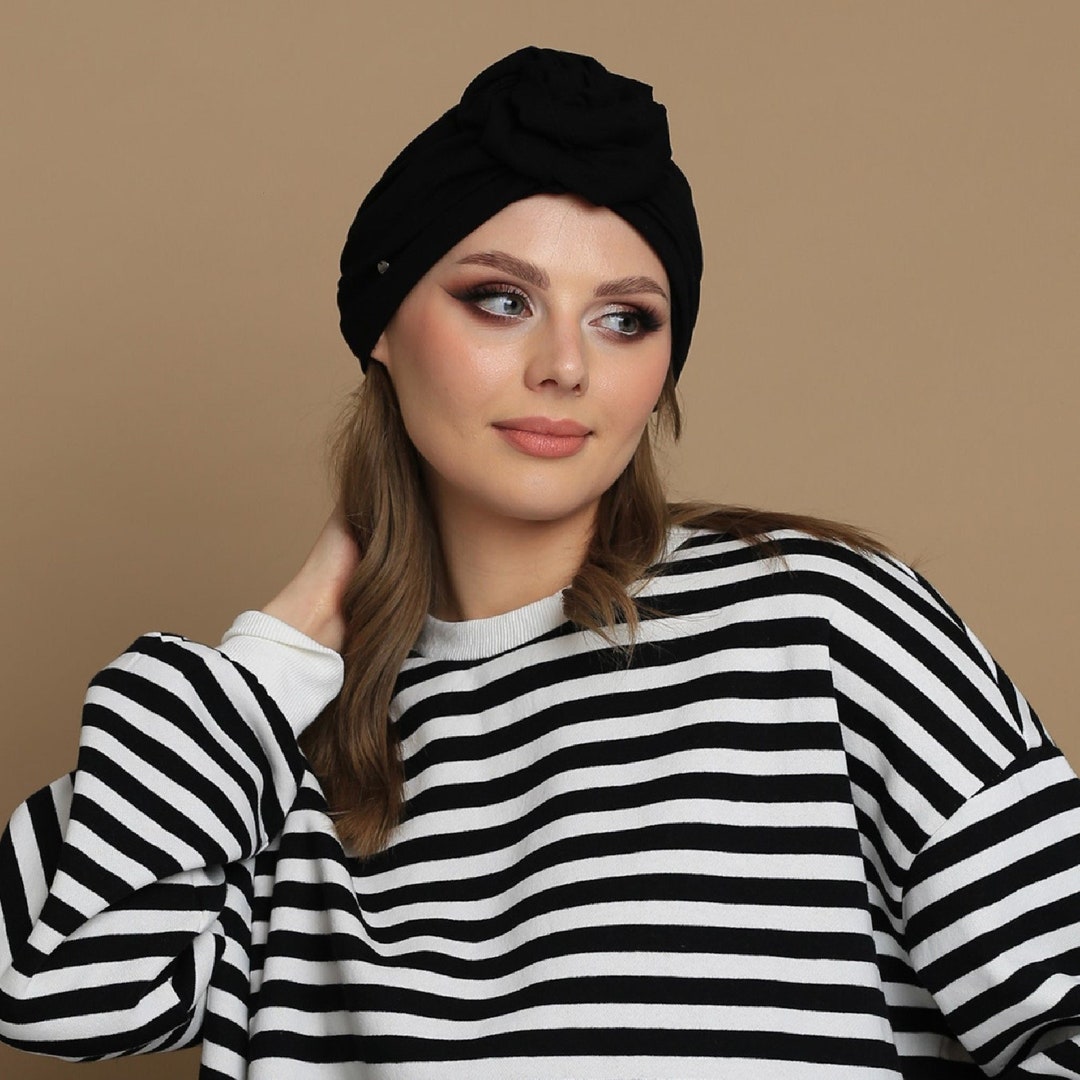 Black Turban With Decoration for Women, Elastic Turban, Summer Turban ...