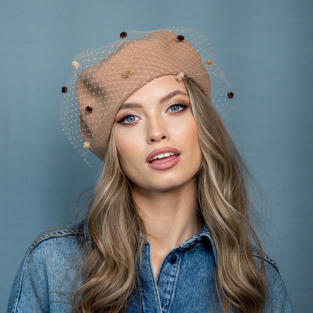 Beige Beret With French Veiling , French Beret With Dotted Veiling ...