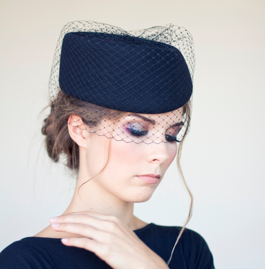 Black Wool Felt Pill Box Hat , Black Wool Felt Winter , Black Funeral ...
