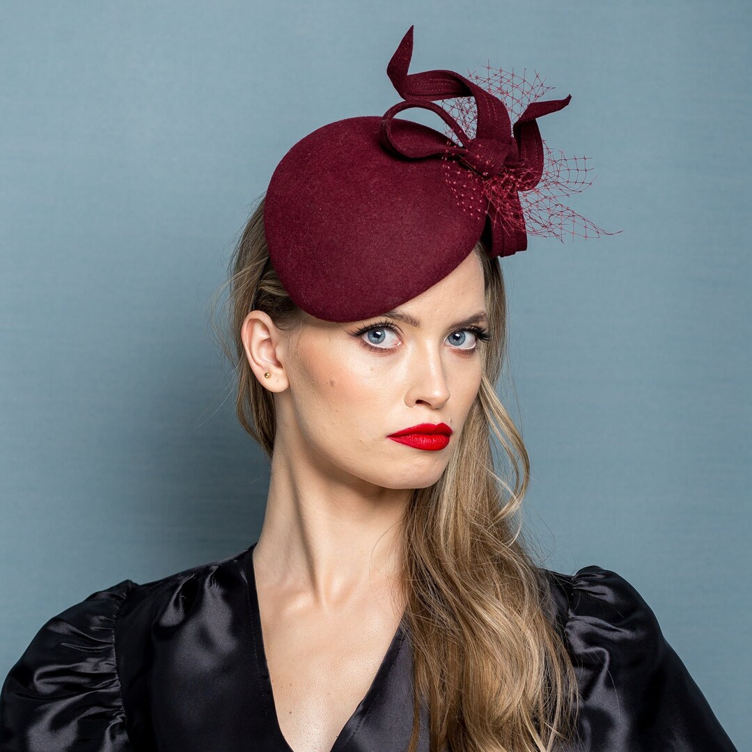 Burgundy Wool Felt Queen Kate Shape Hat With Bow and Netting ,claret ...