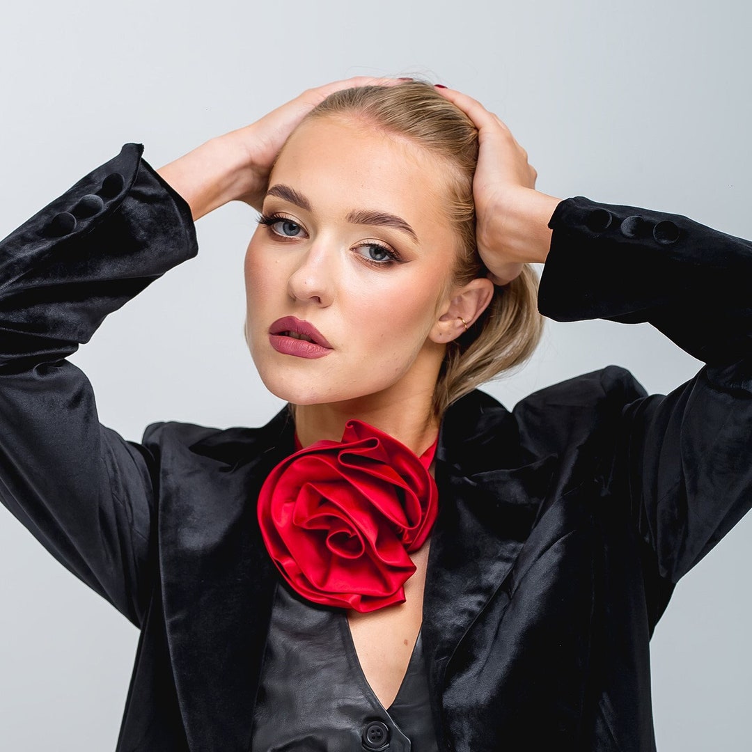 Big Red Flower Choker, Satin Rose Choker, Necklace, Modern Flower, Silk ...