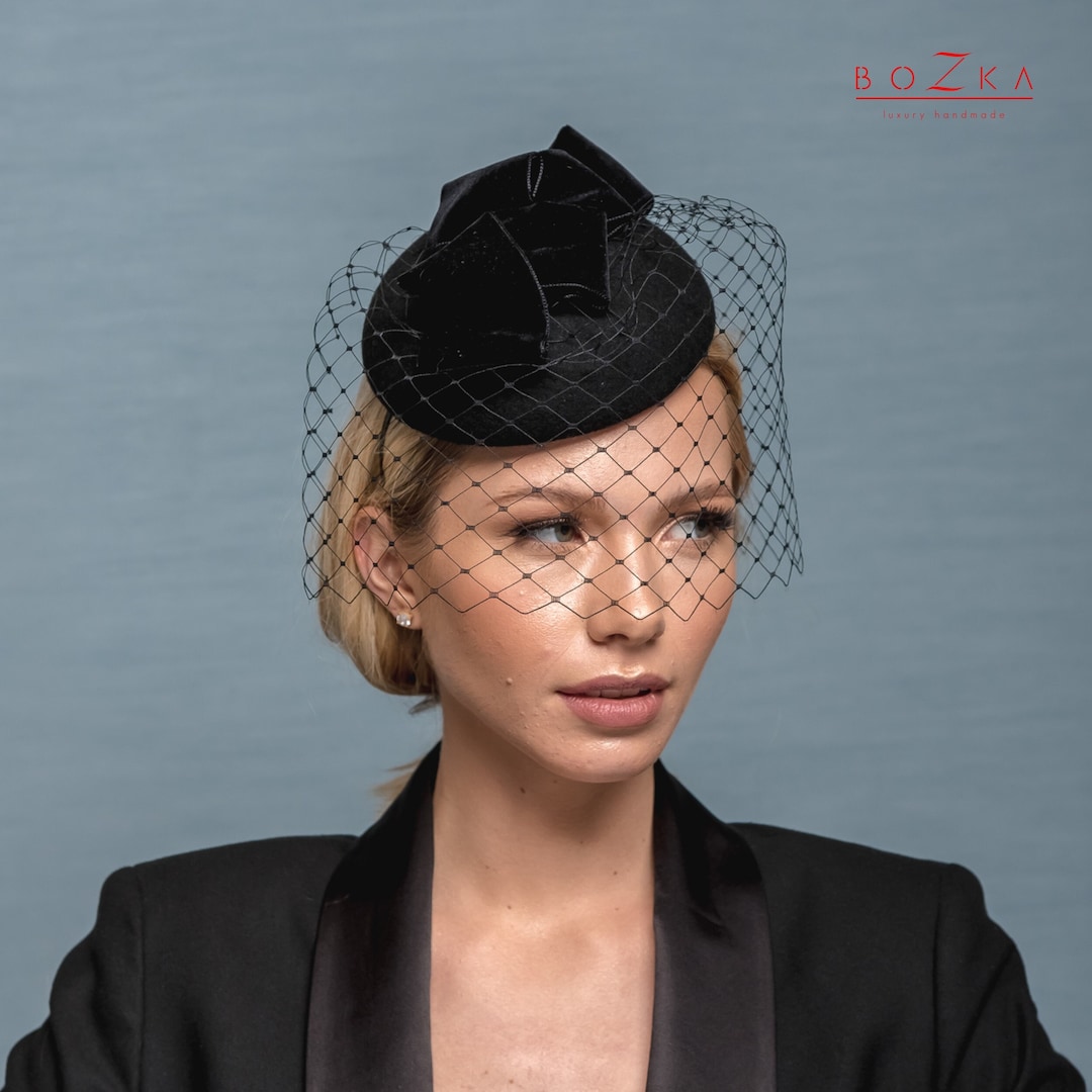 Black Wool Felt Funeral Hat With Velvet Decoration and Netting on Face ...
