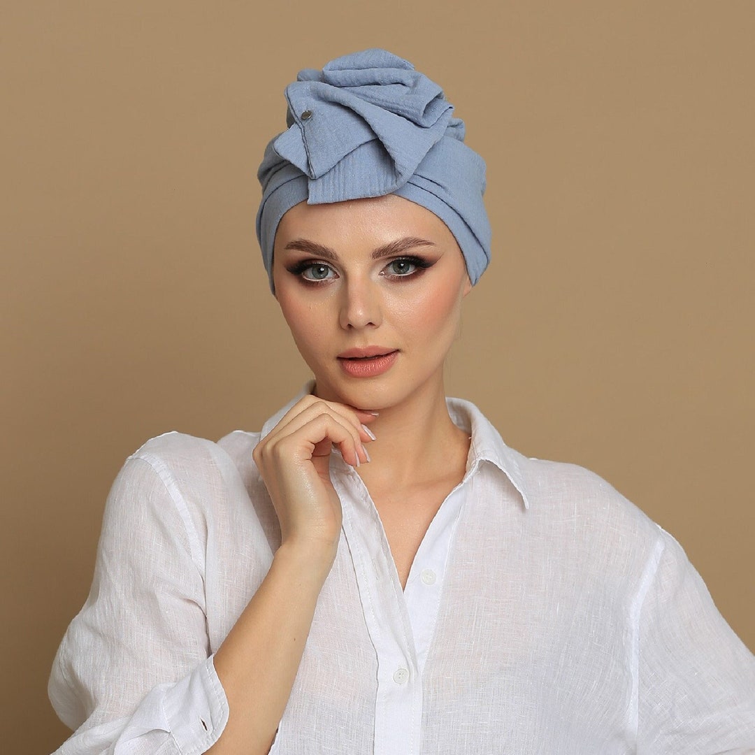 Light Blue Muslin Turban With Decoration for Women, Elastic Turban ...