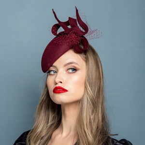 Burgundy Wool Felt Queen Kate Shape Hat With Bow and Netting ,claret ...