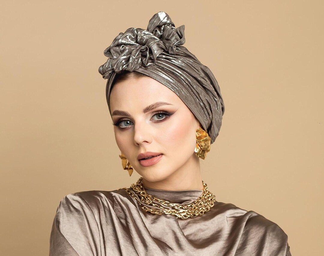 Elegant Silver Satin Turban With Decoration for Women, Elastic Turban ...