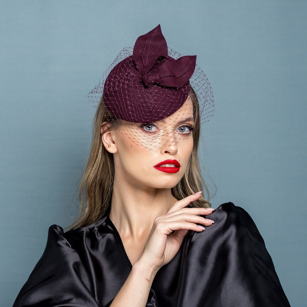 Aubergine Wool Felt Cocktail Hat With Bow and Netting, Aubergine ...