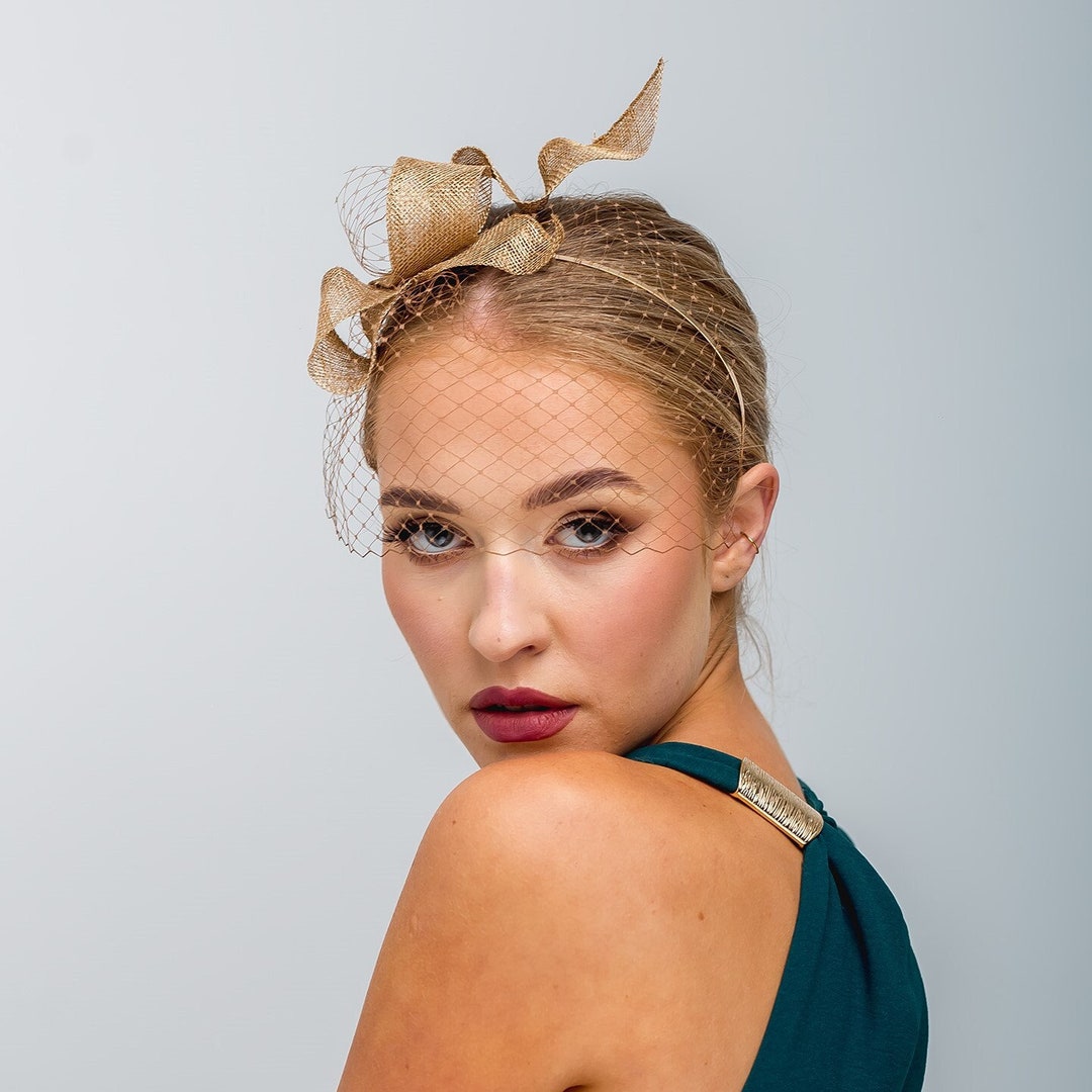 Modern Fascinator With Veiling , Small Gold Fascinator, Serpentine ...