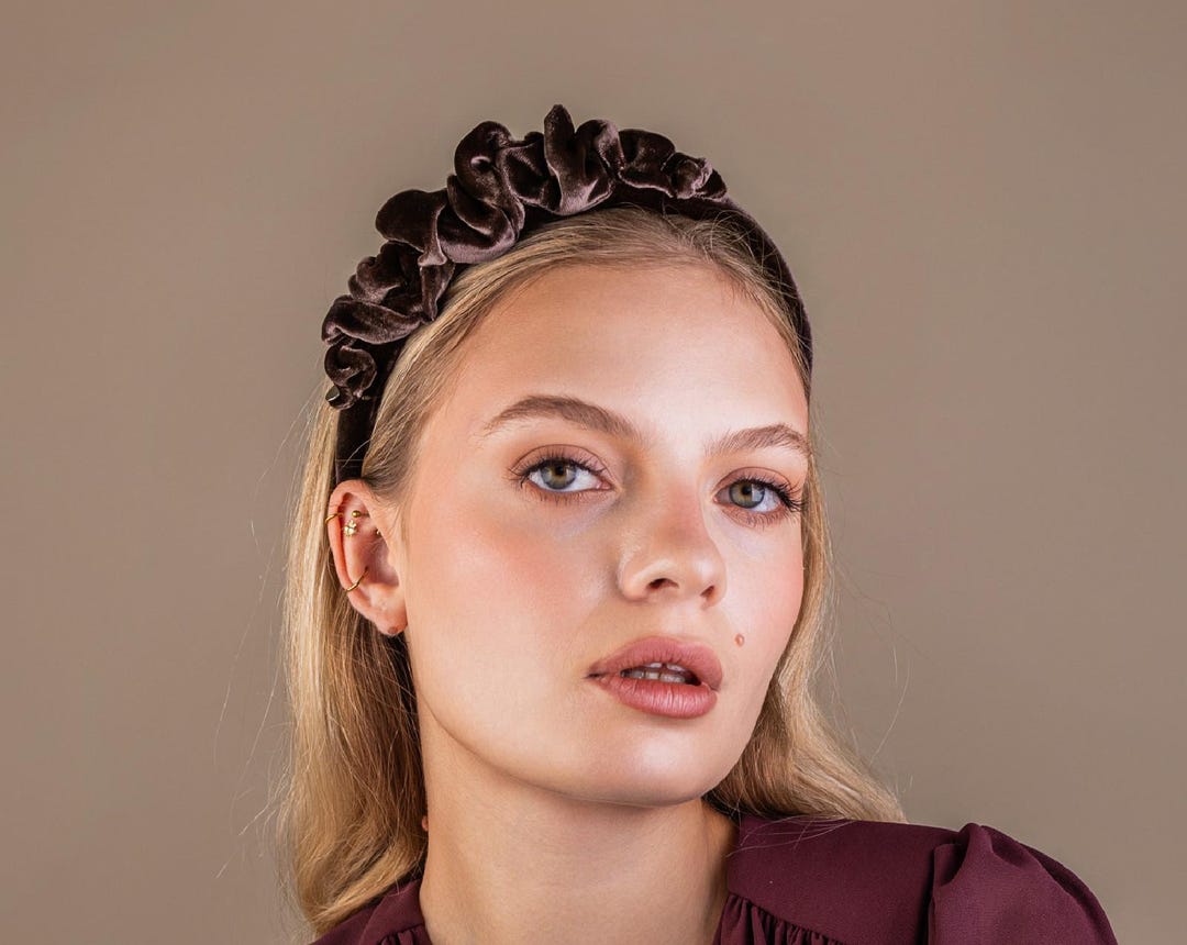 Taupe Velvet Puffy Headband With Decoration, Taupe Colour Alice Band ...