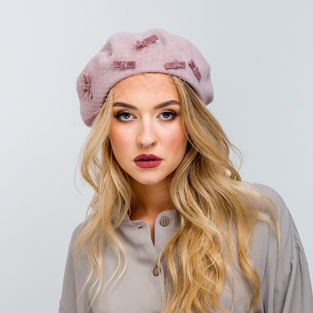 Pink Beret With Veiling and Small Velvet Bows , Dusky Wool Winter Beret ...
