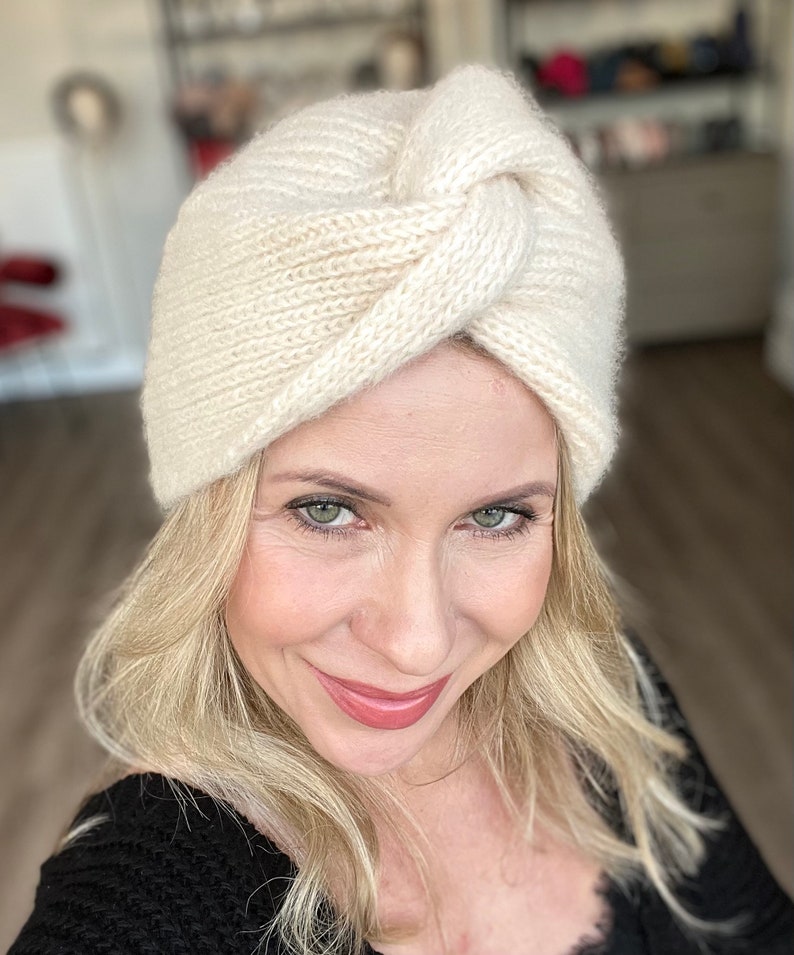 Ivory Mohair Winter Turban Hat, Knitted Turban, Fall Women Turban Hat ...