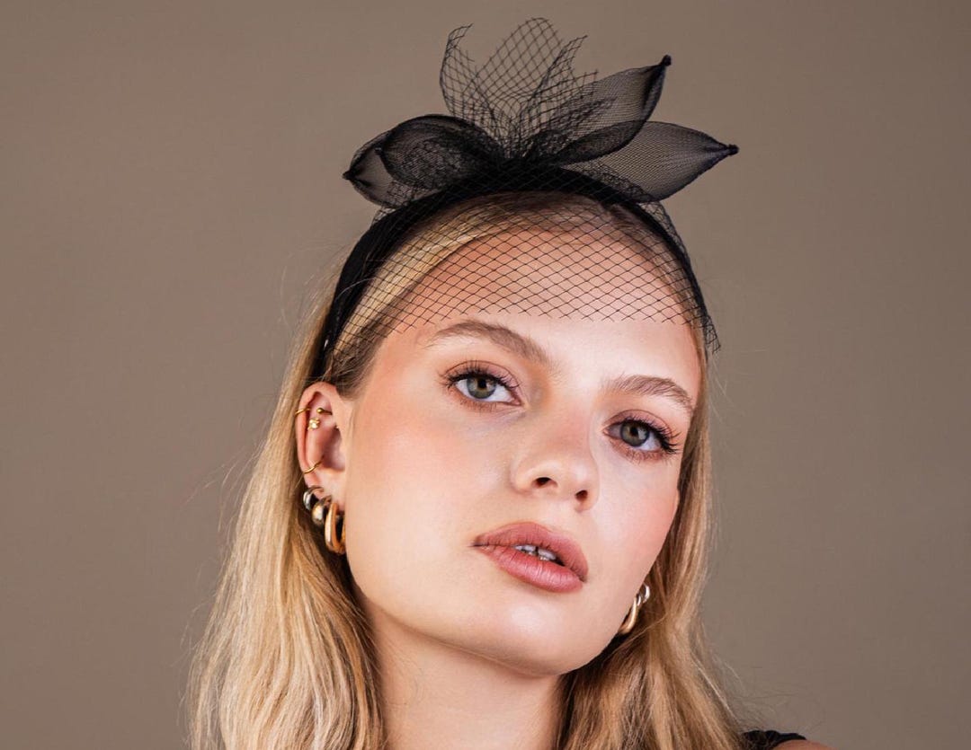 Black Flower Headband With Crin Decoration and Veiling, Party Black ...