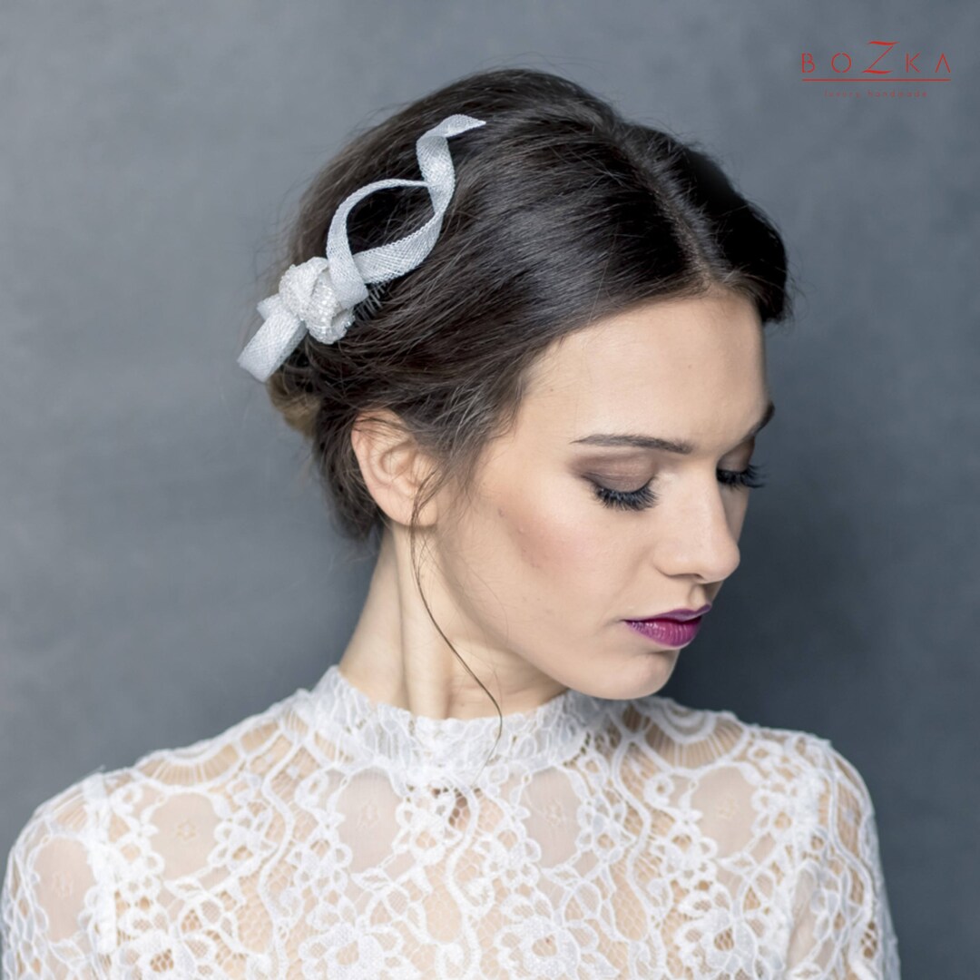 Modern Curly Wedding Fascinator With Small Glass Beads, Sinamay Bow ...