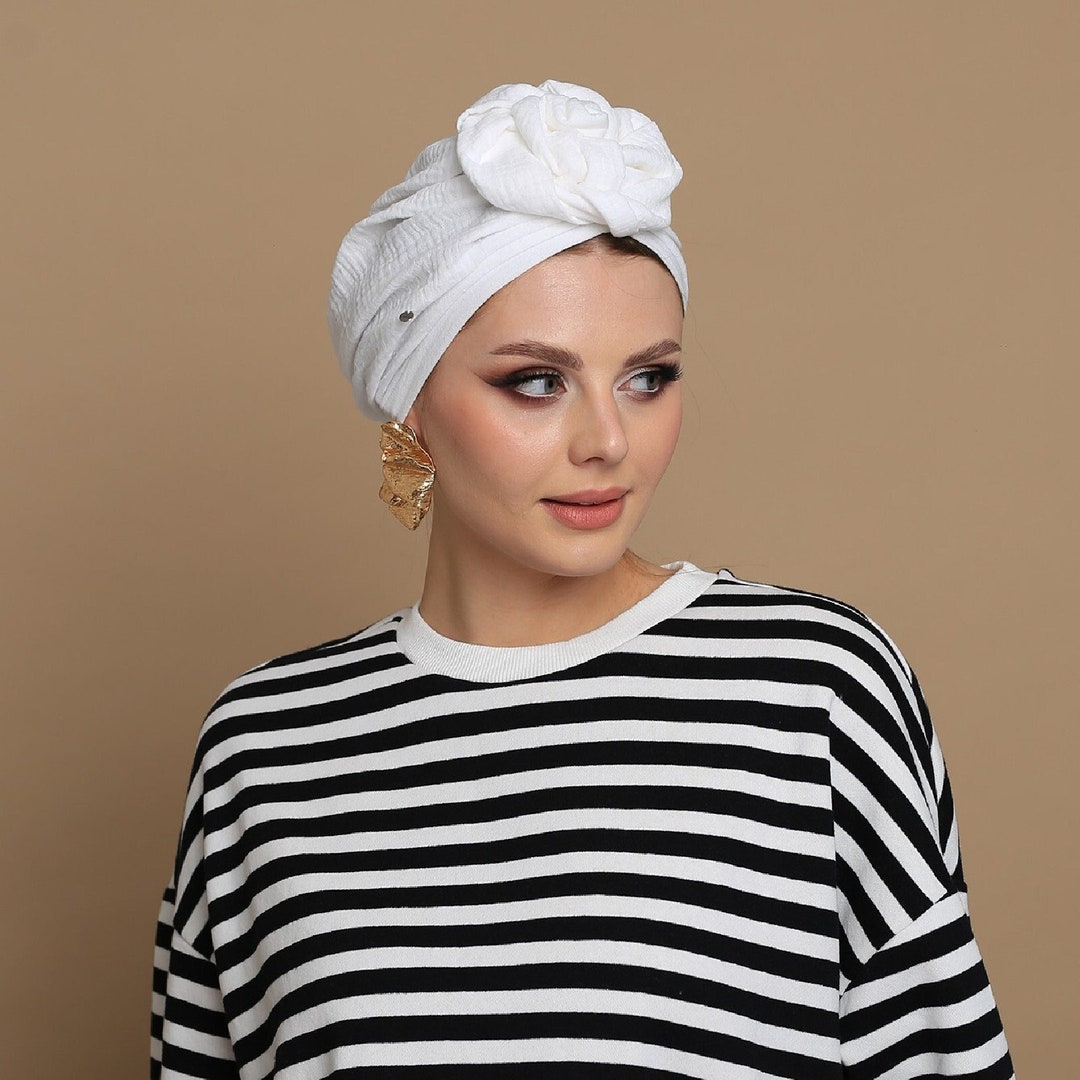 White Muslin Turban With Decoration for Women, Elastic Turban, Summer ...