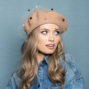 Beige Beret With French Veiling , French Beret With Dotted Veiling ...