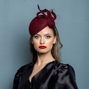 Burgundy Wool Felt Queen Kate Shape Hat With Bow and Netting ,claret ...