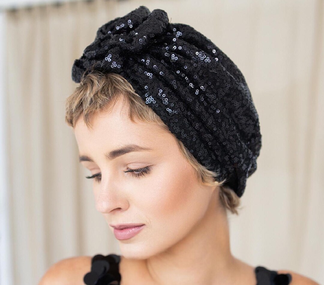 Elegant Black Sequins Fabric Turban With Decoration for Women, Elastic ...