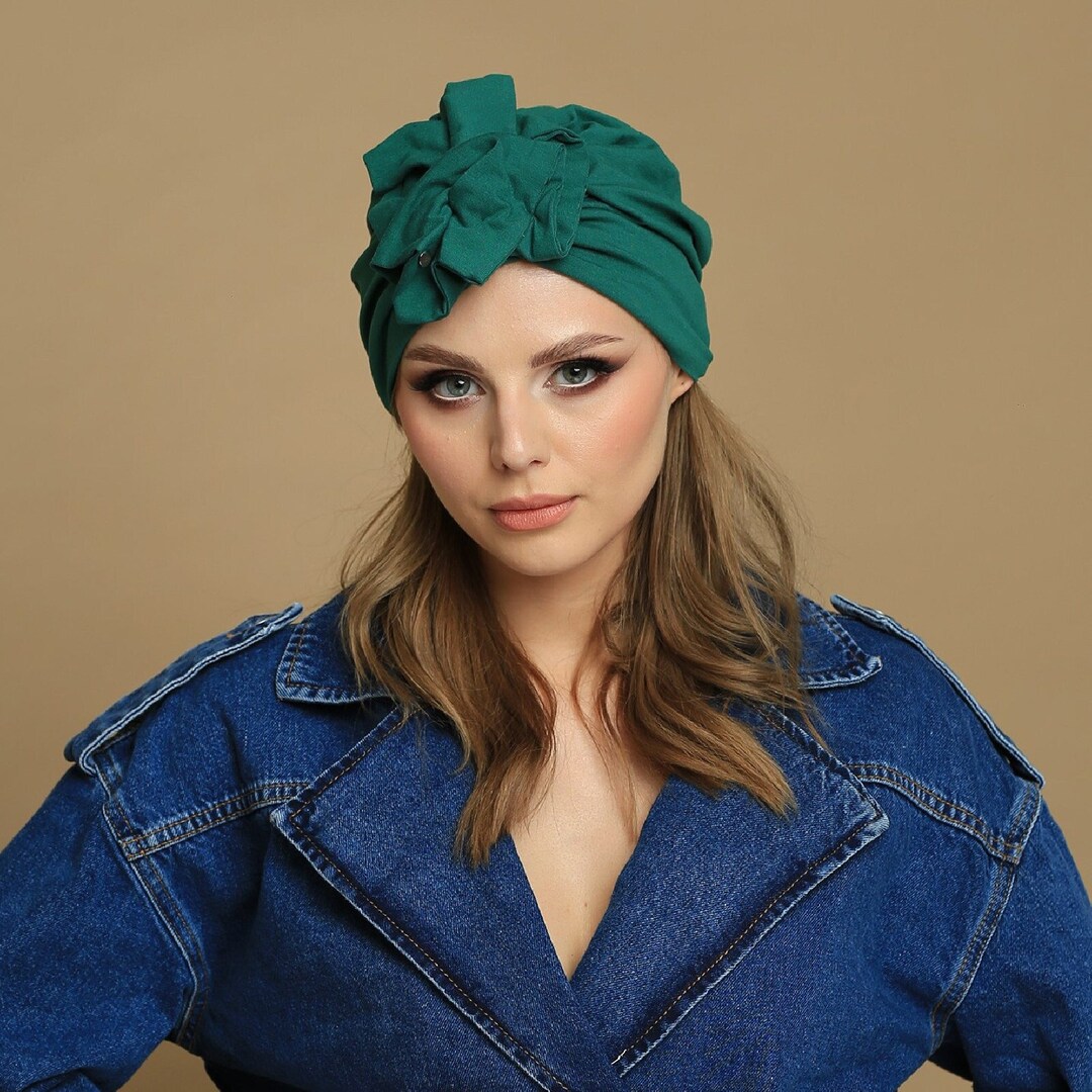 Green Turban With Decoration for Women, Elastic Turban, Summer Turban ...