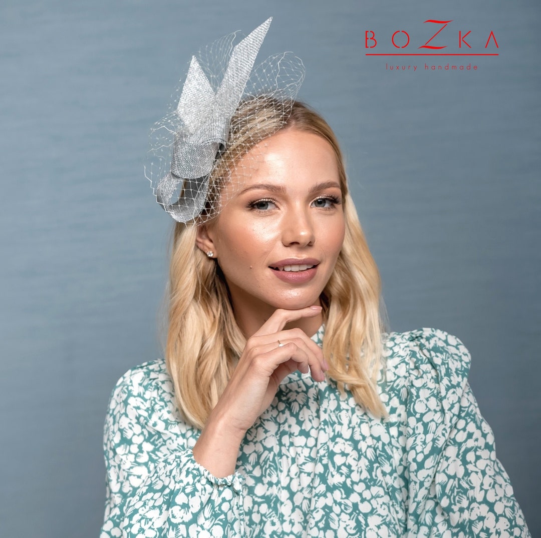 Modern Silver Fascinator With French Veiling, Grey Bow With Veiling ...