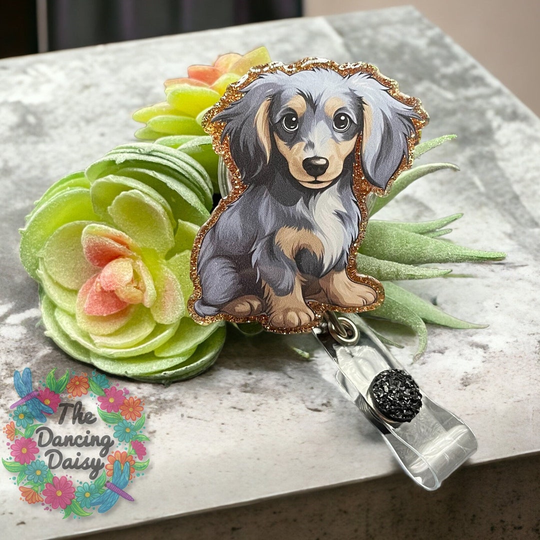 Dachshund Doxie - LONG HAIR Tan / Black / Red - Badge Reel - Etsy