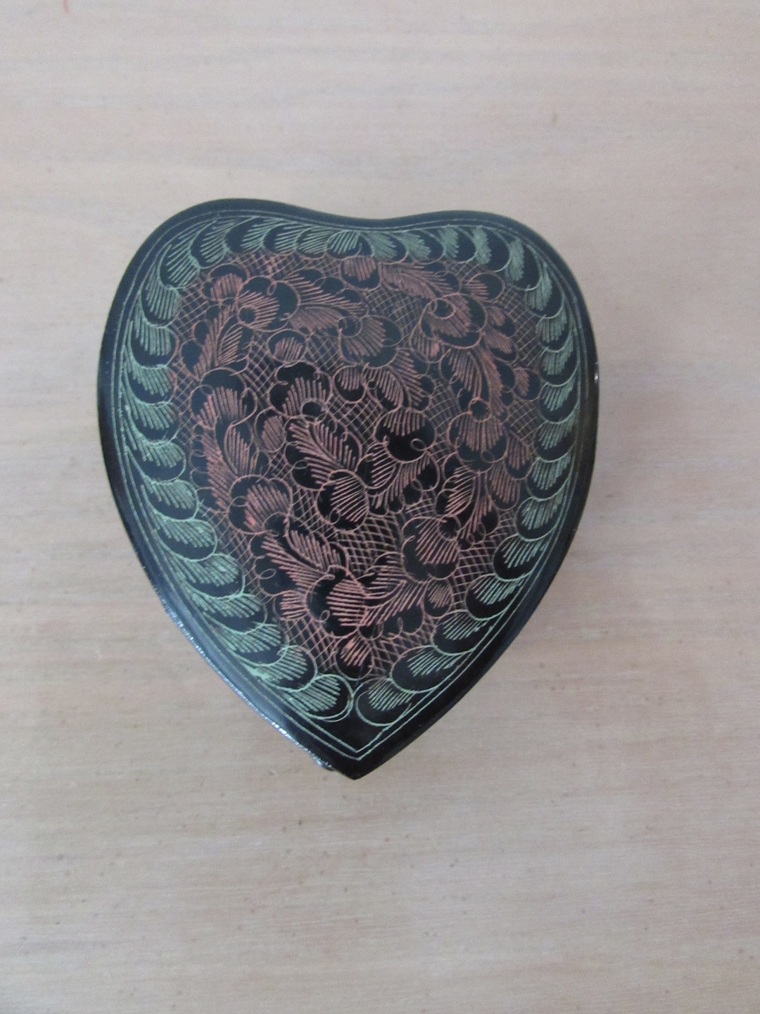 Trinket Box, Enameled Folk Art Trinket Box, Heart Shape Wood Folk Art ...