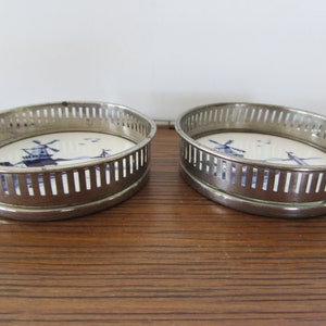 Delft Coasters, Two Vintage Delft Coasters, Metal and Porcelain Delft ...