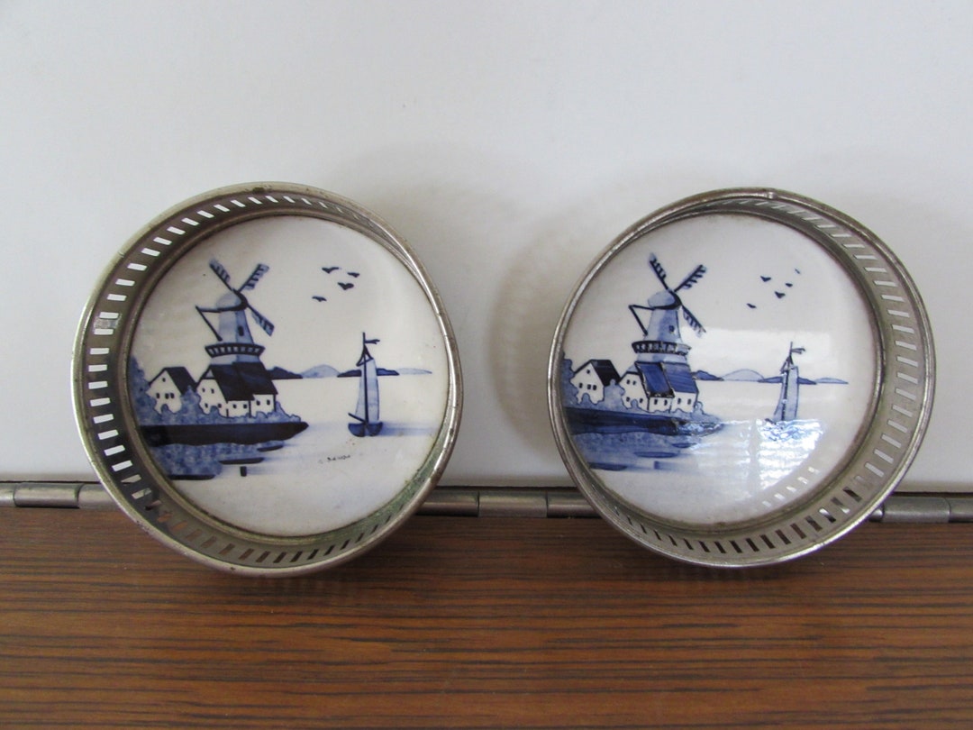 Delft Coasters, Two Vintage Delft Coasters, Metal and Porcelain Delft ...
