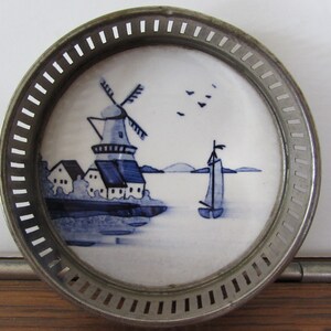 Delft Coasters, Two Vintage Delft Coasters, Metal and Porcelain Delft ...