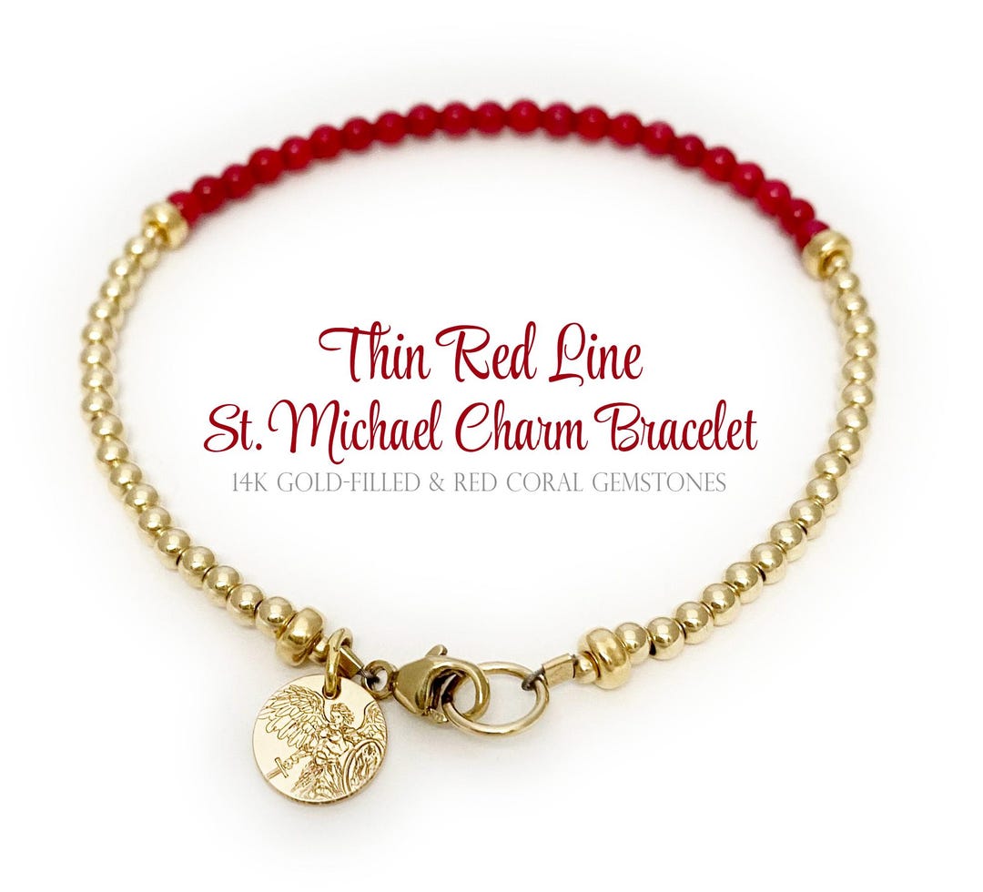 Thin Red Line Bracelet: 14k Gold Filled St. Michael Charm & 22 Coral ...