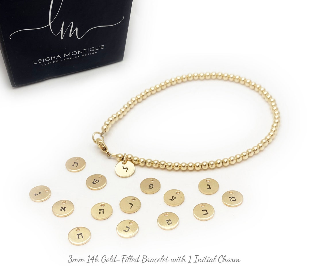 Tiny Gold Hebrew Charm Bracelet, Hebrew Initial Charm Bracelet, Gold ...