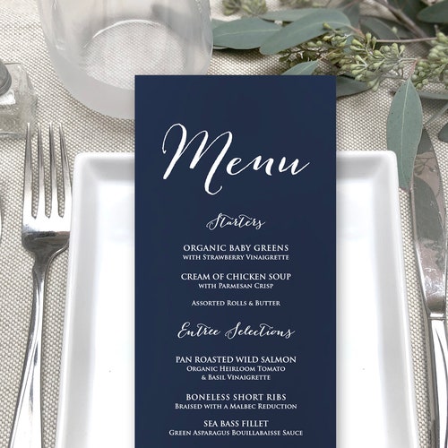 Navy Blue Wedding Menu Card Modern White Printing Wedding - Etsy