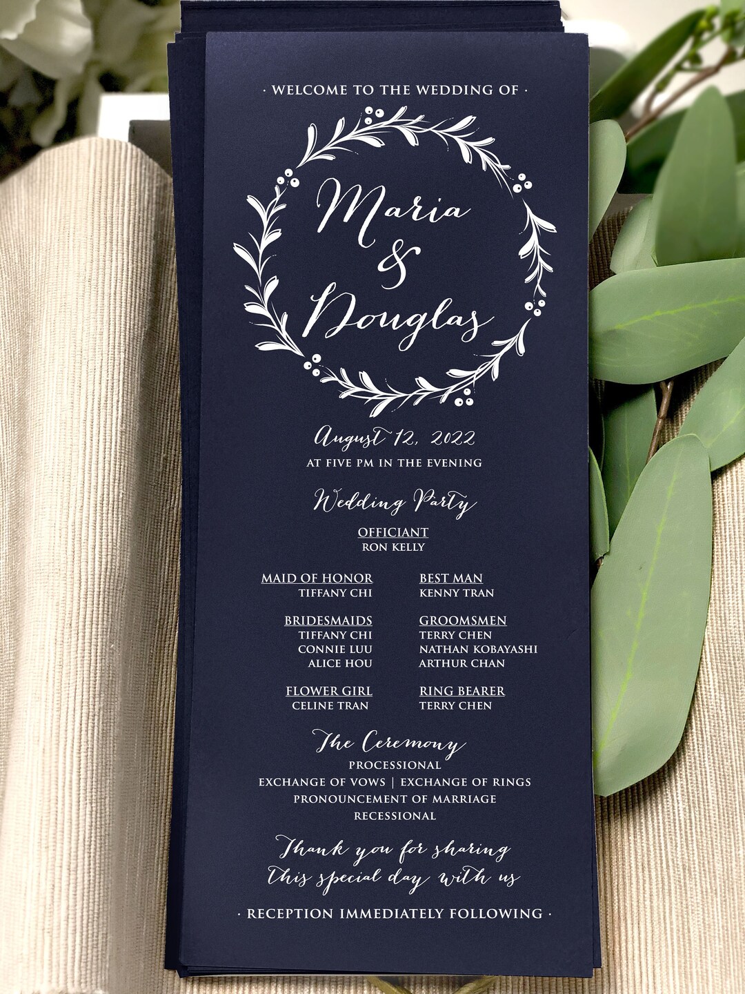 Navy Wedding Ceremony Programs, Single Printed Wedding Ceremony Program ...