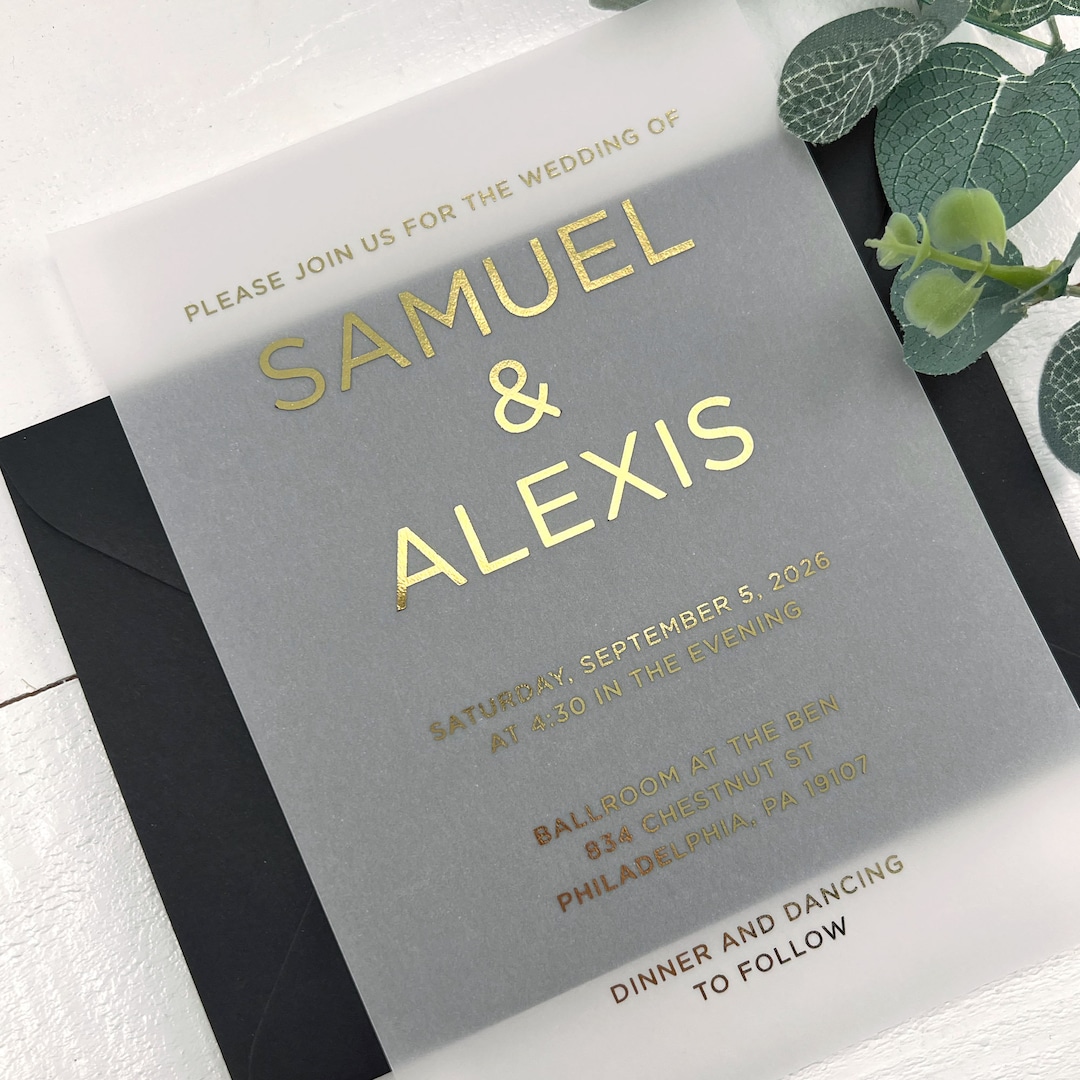 Gold Foil Vellum Wedding Invitations, Printed Real Gold Foil Vellum ...