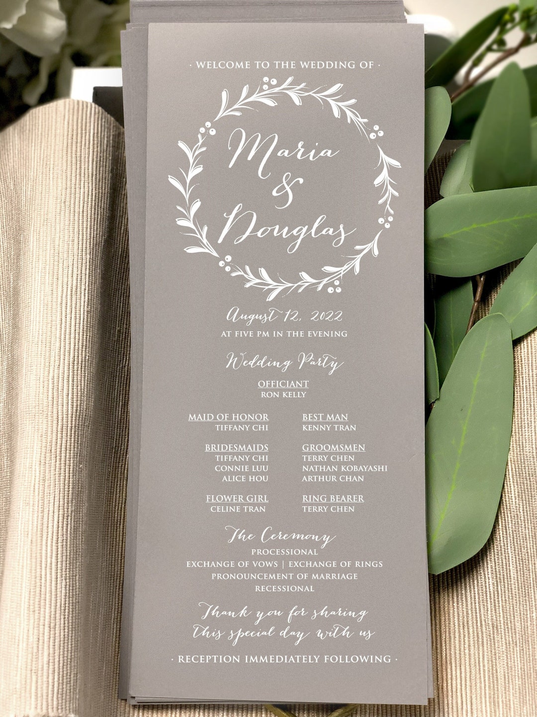 Floral Wreath Wedding Ceremony Programs, Long Card Wedding Ceremony ...