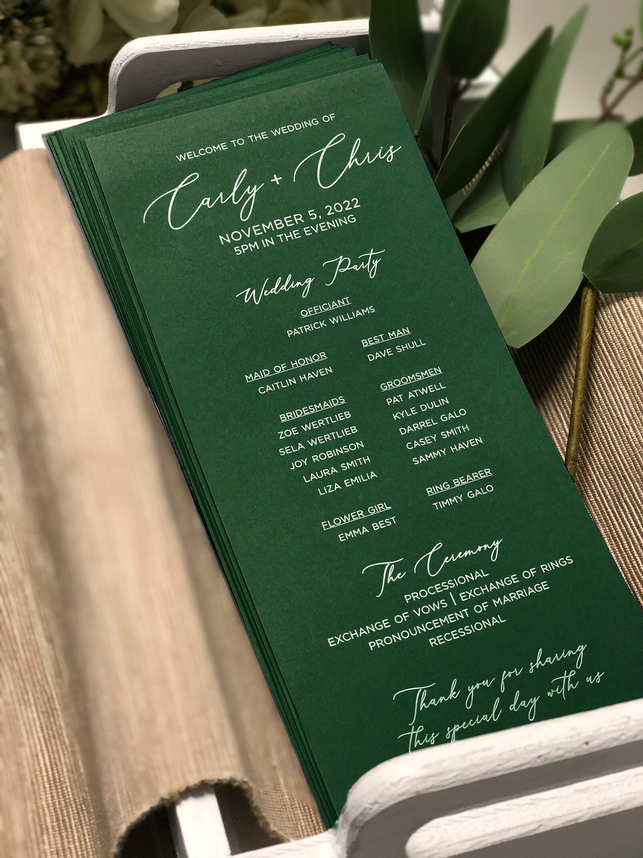 Printed Hunter Green Wedding Programs White Ink, Wedding Ceremony ...
