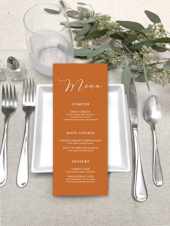 Orange Wedding Menu Card Modern White Printing Wedding Menu - Etsy