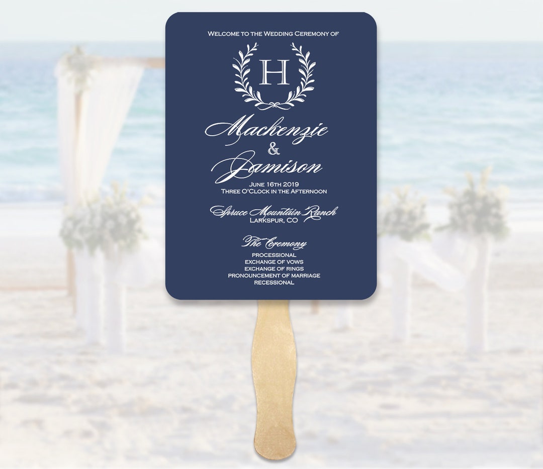 Wedding Program Fans Monogram Initial - Navy Blue Wedding Program Fans ...