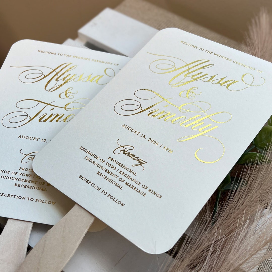 Printed Gold Wedding Program Fans, Wooden Sticks Included, Real Gold Foil Wedding Ceremony Fan ...