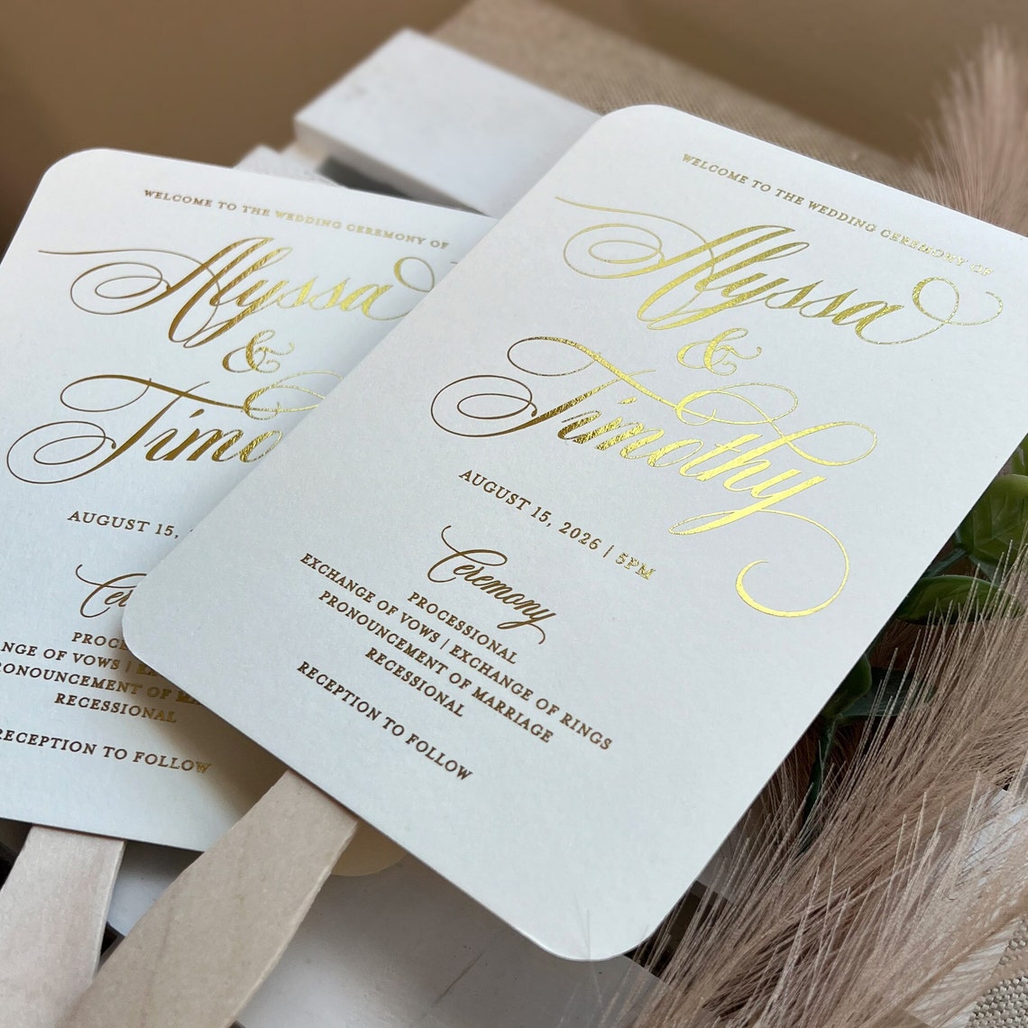 Shiny Gold Foil Wedding Program Fans, Wooden Sticks Included, Printed ...