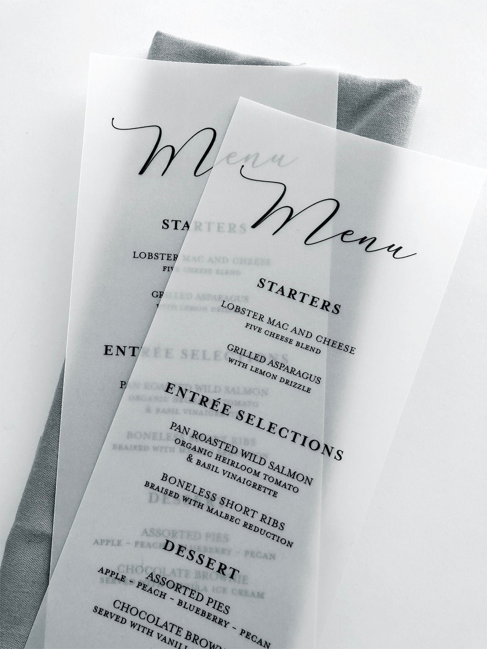 Vellum Wedding Dinner Menu Cards Printed Colored Ink Vellum Menus ...