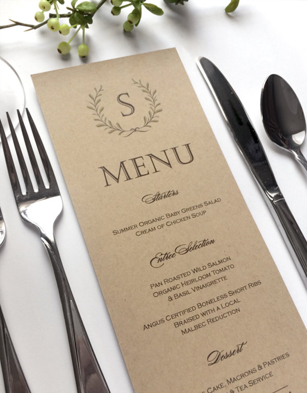 Wedding Menu Cards - Rustic Wedding Menu Card - Laurel Wreath - Kraft ...