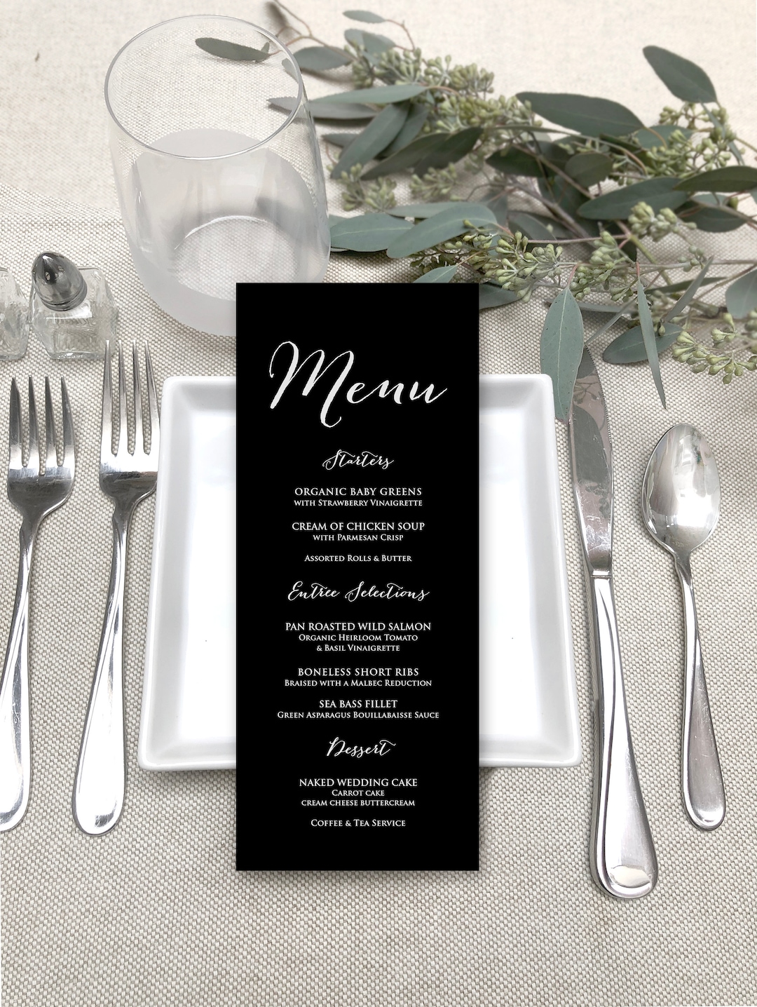 Black and White Wedding Menu Card - Modern White Printing Wedding Menu ...