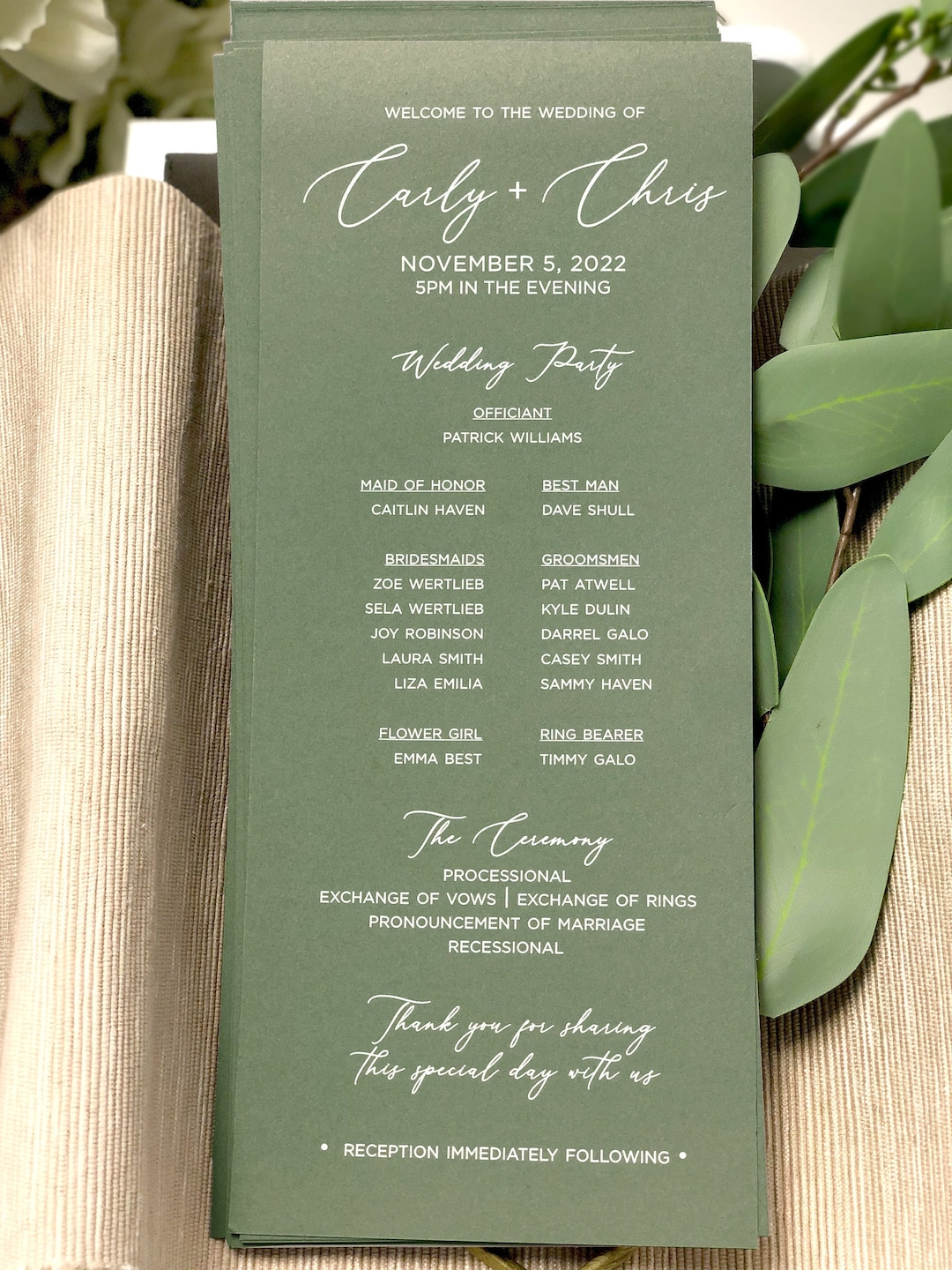 Green Wedding Programs, Printed Wedding Ceremony Programs, Custom ...