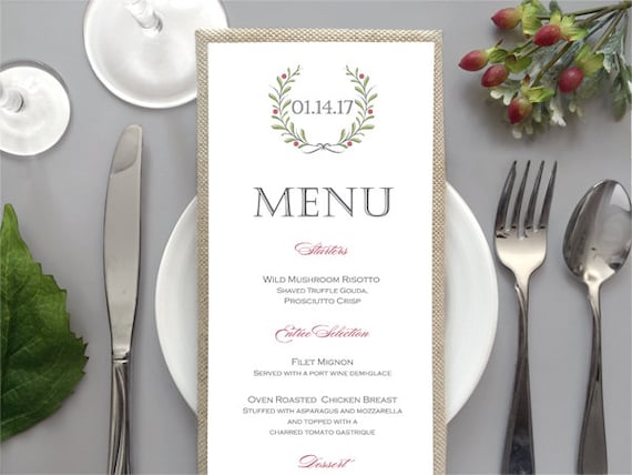 Decorations Weddings Simple Printed Wedding Menu Red Gray Rustic Winter ...