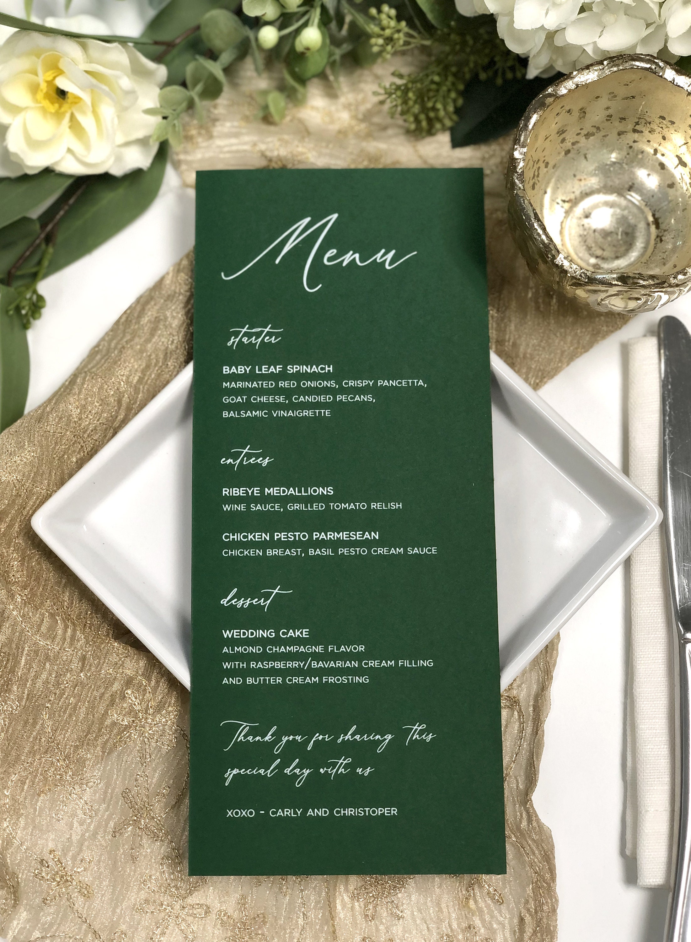 Wedding Dinner Menu Cards Hunter Green Printed White Ink | Etsy