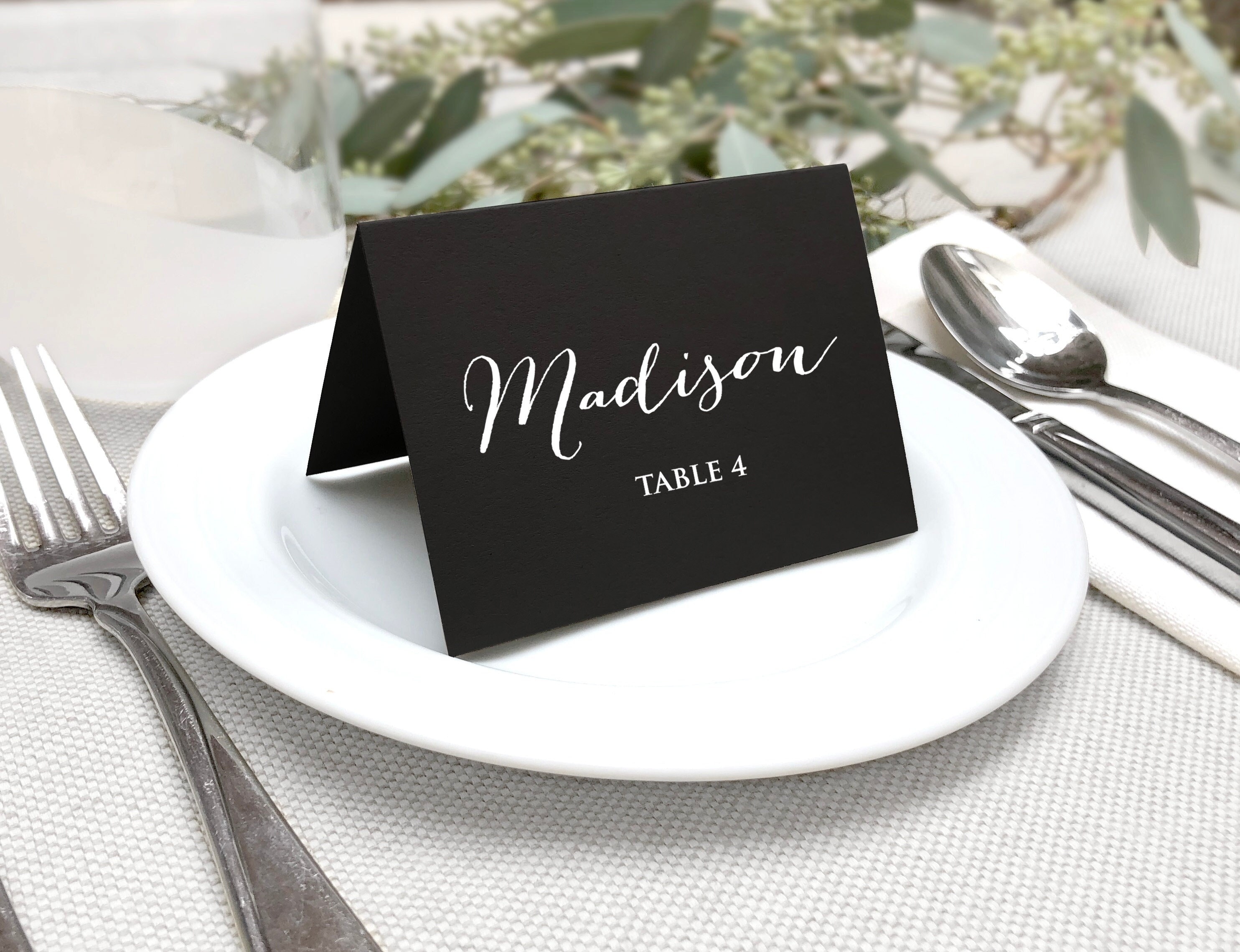 Black Place Cards, Printed Black and White Wedding Escort Cards, Simple ...