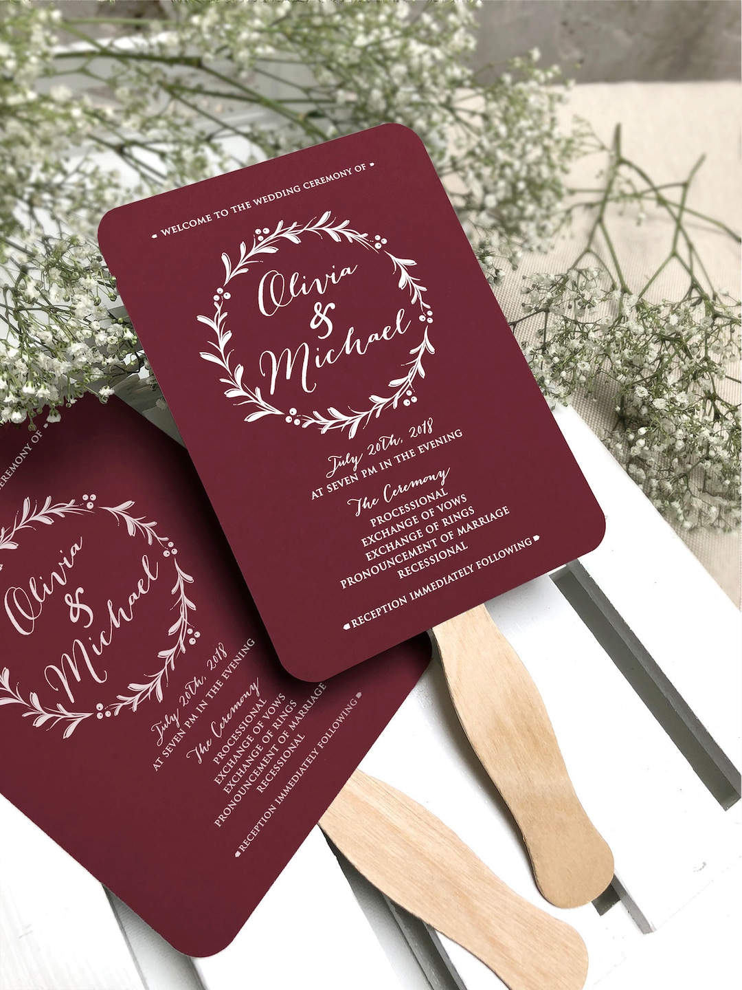 Maroon Wedding Program Fans, Printed, Includes Wooden Sticks, Maroon ...