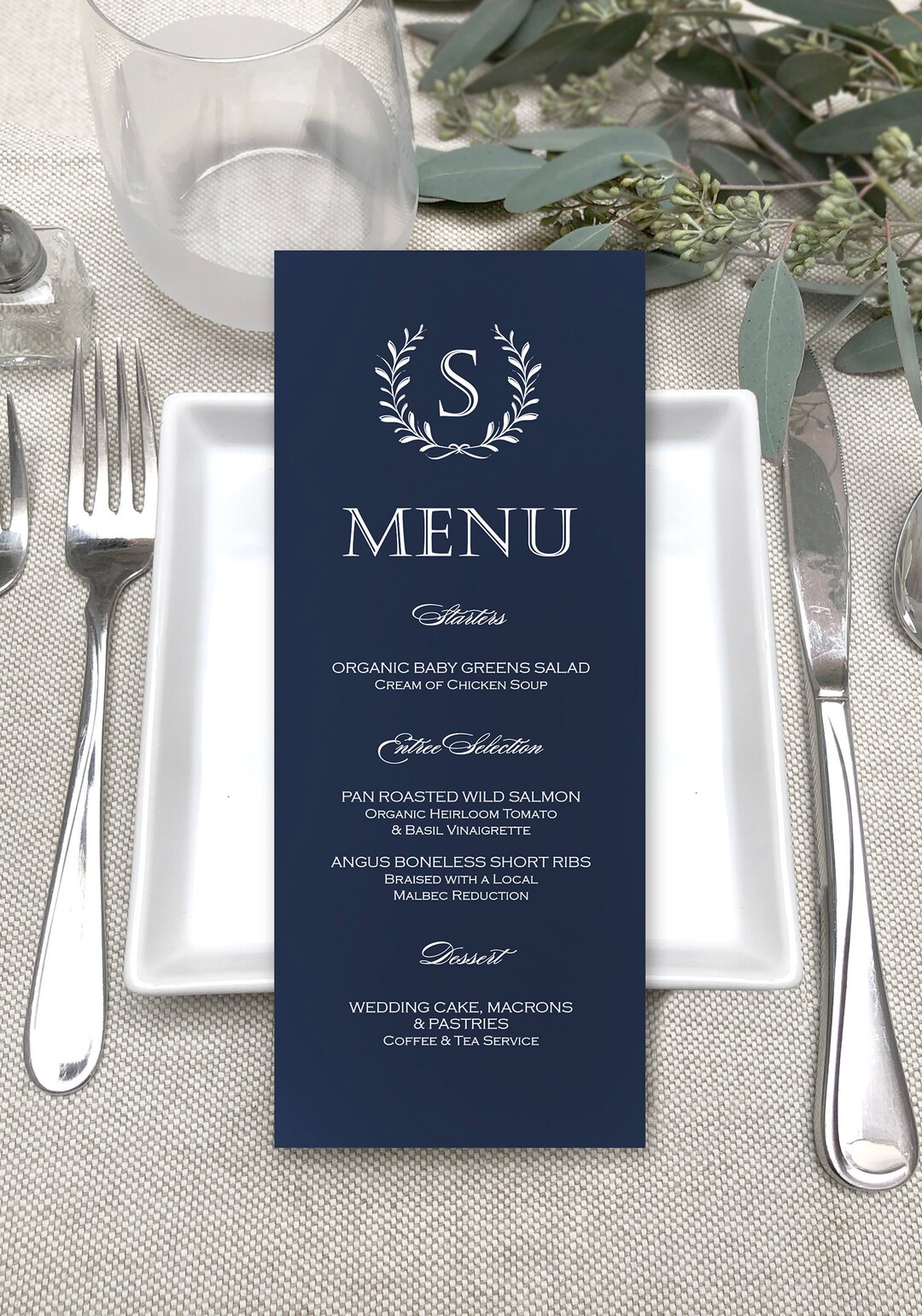 Winter Wedding Menus - Navy Blue Monogram Winter Wedding Menu Card ...