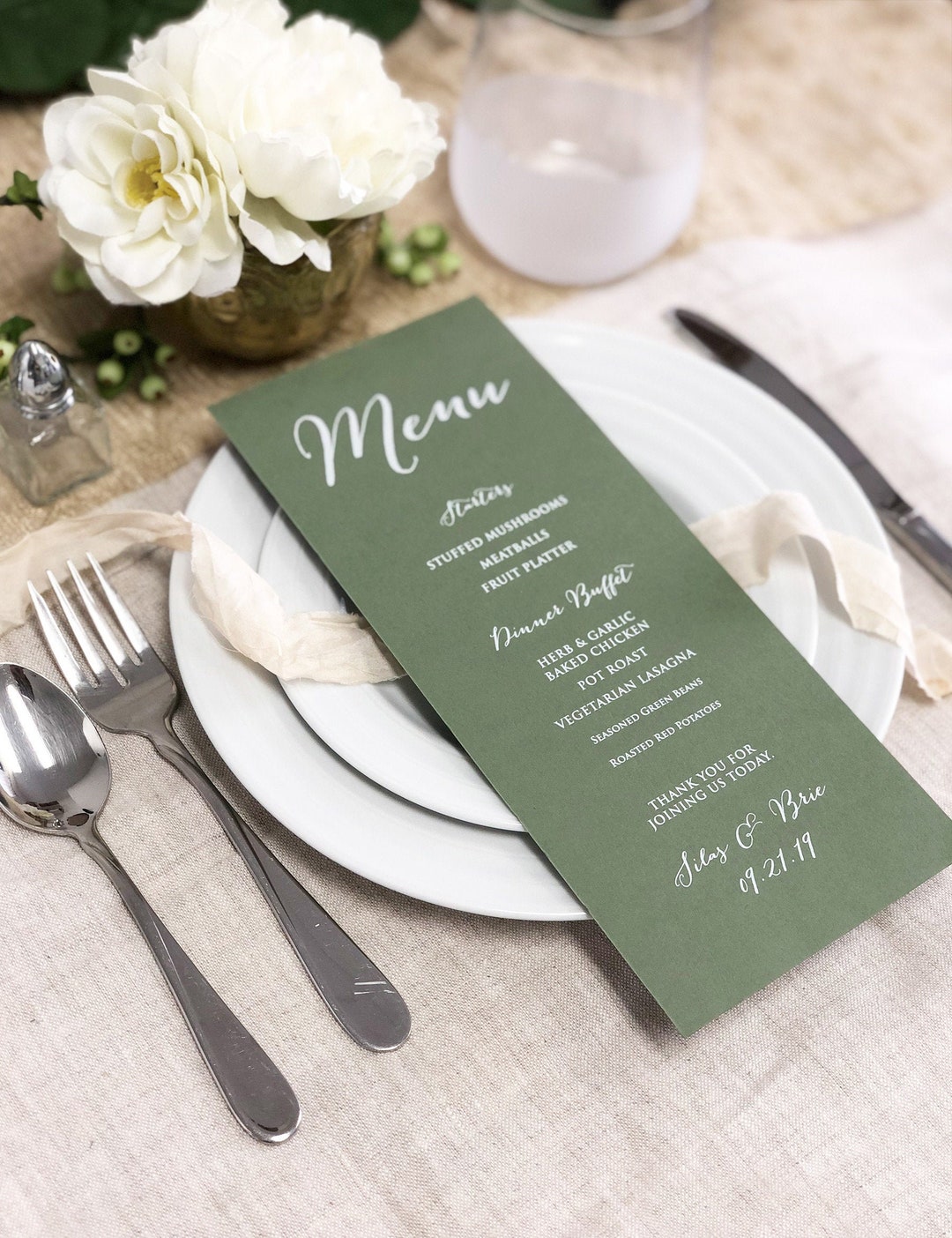 Green Wedding Menu Cards - White Printing Dinner Menu Cards - Greenery ...