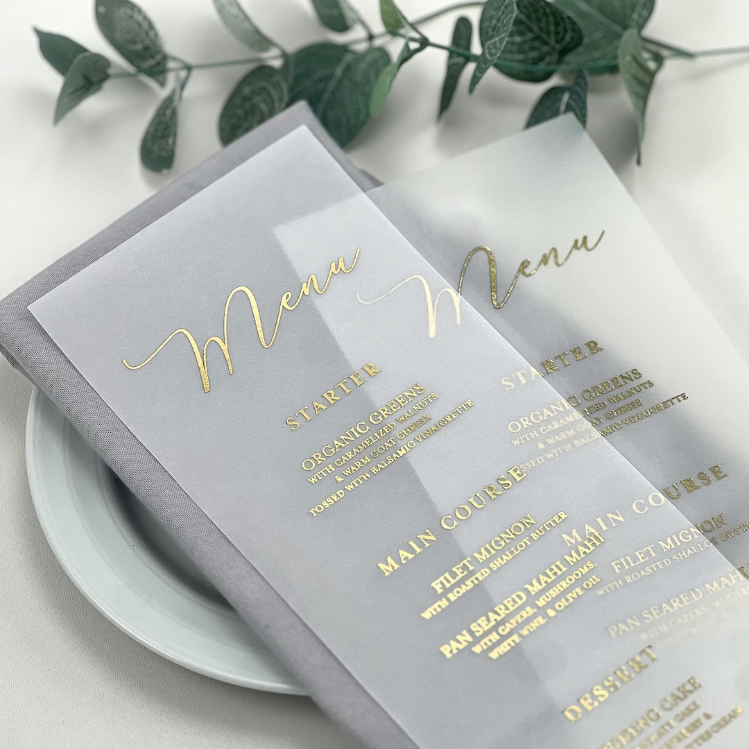 Gold Foil Vellum Wedding Dinner Menu Cards, Gold Foil Printed Vellum ...